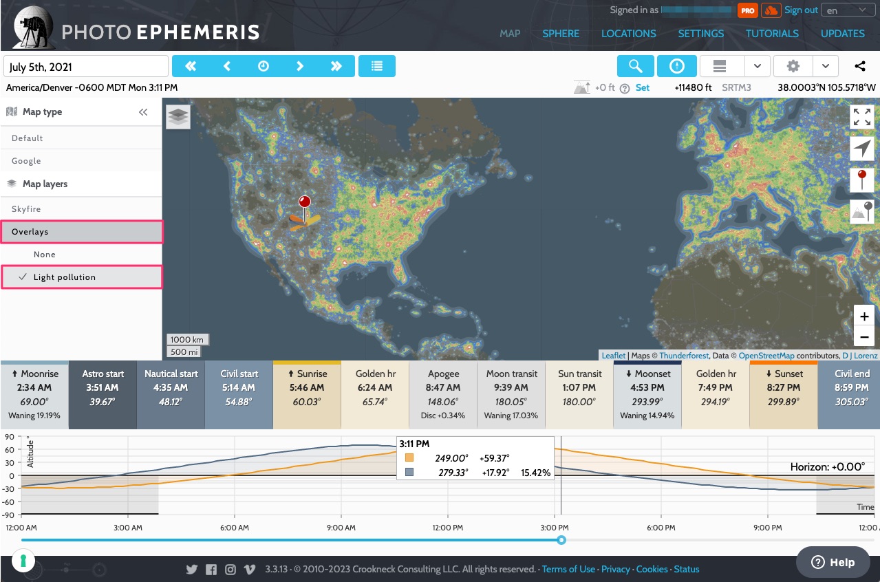 How do I view the light pollution map overlay? – Help Center
